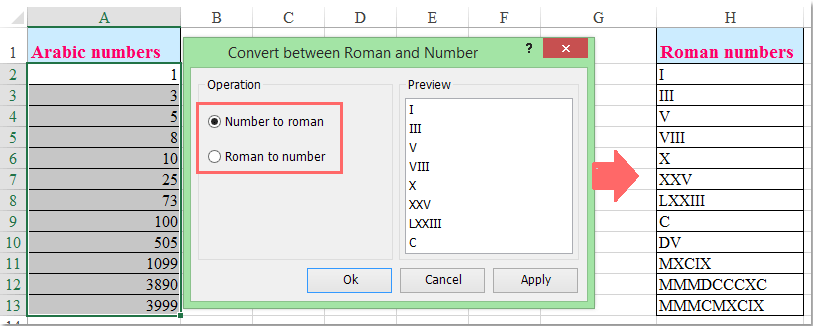 How to convert between roman number and Arabic number in Excel?