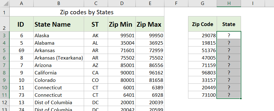 How to convert zip code to state in Excel?