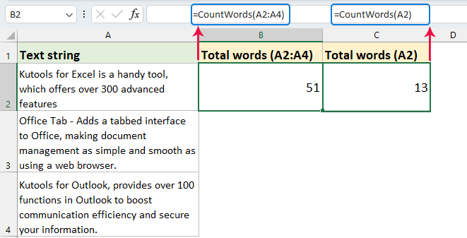 Quickly count total words / specific words in Excel