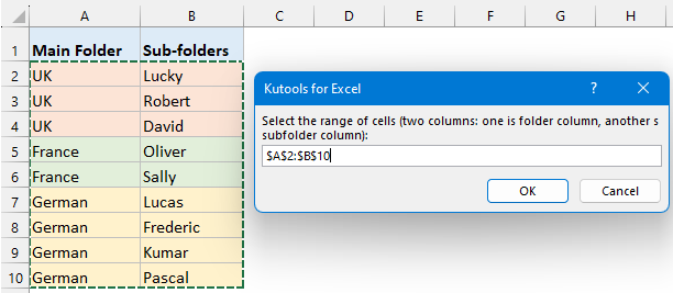 Create multiple folders and subfolders from a list of data in Excel