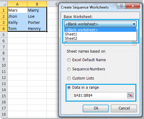 How to create sequence worksheets from a range of cells in Excel?