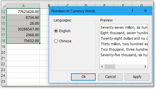 How to quickly convert currency numbers to words in Excel?