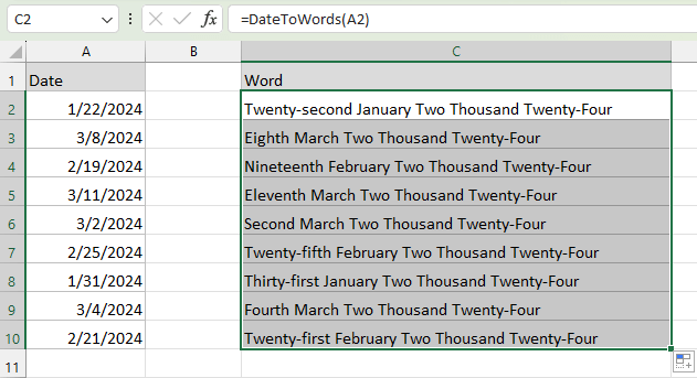 How to quickly convert date to words in Excel?