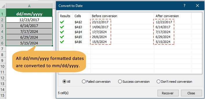 Convert Excel date format from dd/mm/yyyy to mm/dd/yyyy