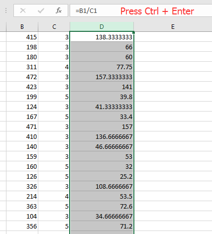 How to divide one column by another column in Excel?