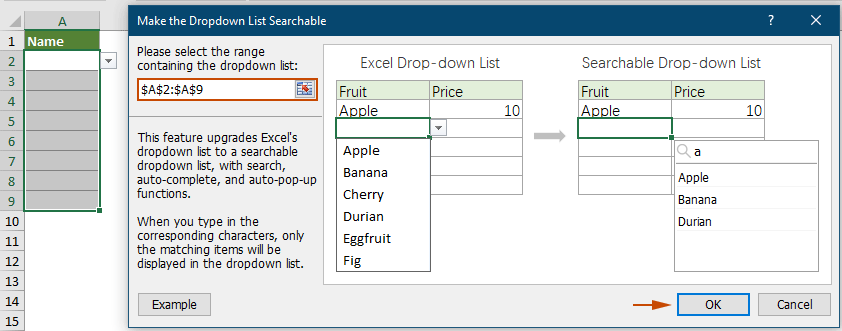 How to autocomplete when typing in Excel drop down list?