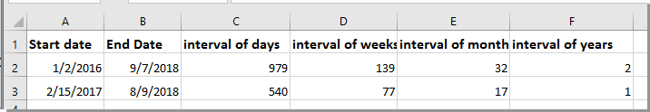 How to calculate interval days/weeks/months/years between two dates in ...