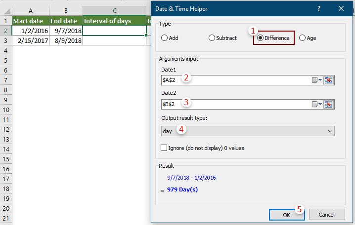 How to calculate interval days/weeks/months/years between two dates in ...