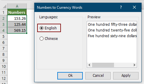 How to convert currency to words text in Excel?