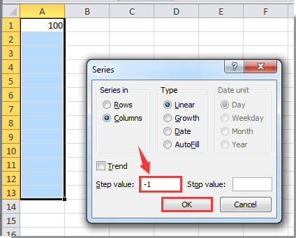 How to fill series in backward, descending or decreasing order in Excel?