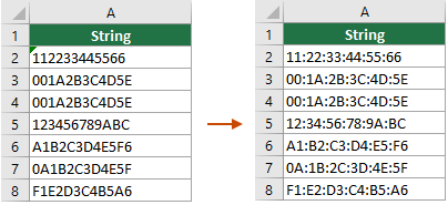 Format MAC addresses in cells by adding colon symbol in Excel