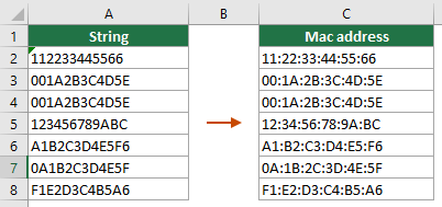 Format MAC addresses in cells by adding colon symbol in Excel