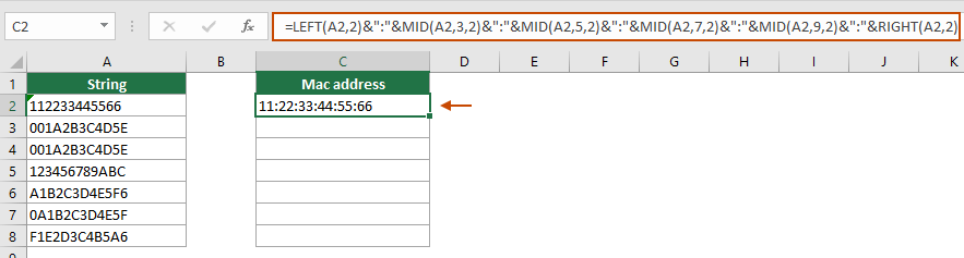 Format Mac Addresses In Cells By Adding Colon Symbol In Excel
