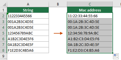 Format MAC addresses in cells by adding colon symbol in Excel