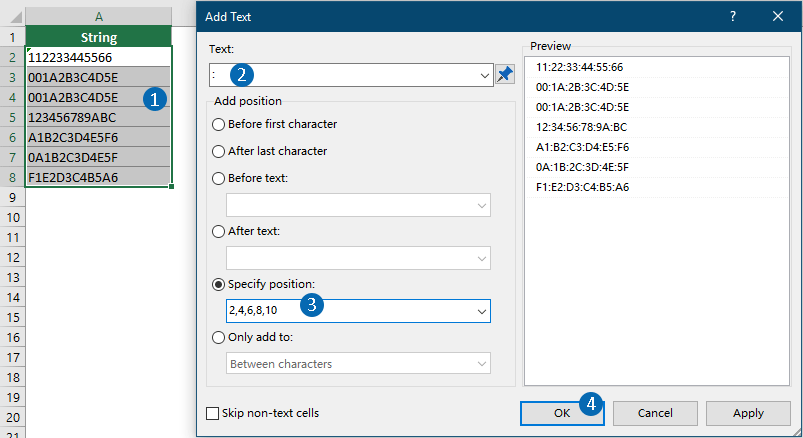 Format MAC addresses in cells by adding colon symbol in Excel