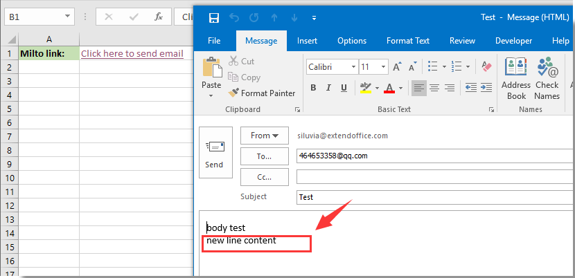 How to add new line to email body in mailto hyperlink in Excel?