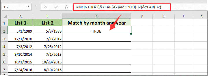 How to match dates by month and year only in Excel?