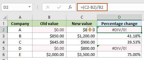 Calculate percentage change between 2 numbers in Excel