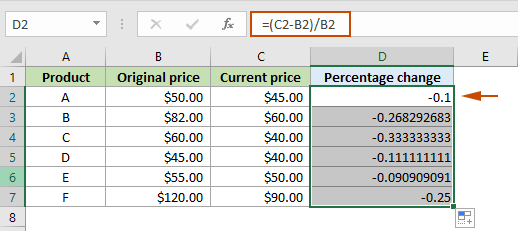 Calculate percentage change between 2 numbers in Excel