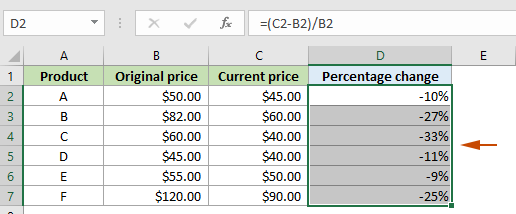 Calculate percentage change between 2 numbers in Excel