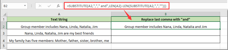 How to replace the last comma with and in cells in Excel?
