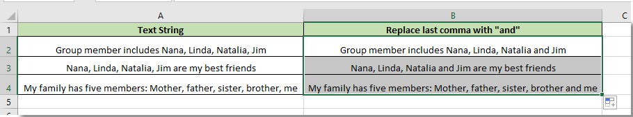 How to replace the last comma with and in cells in Excel?