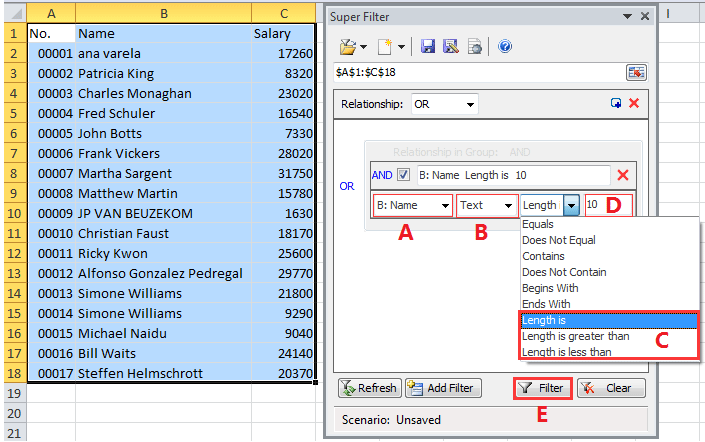 How to filter cells by length of text in Excel?