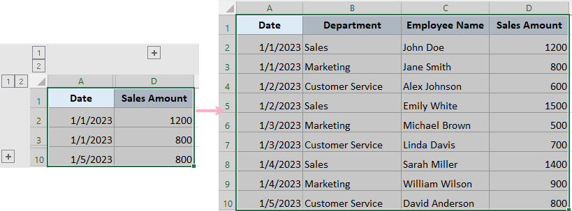 Steps on expanding all collapsed columns or rows in Excel