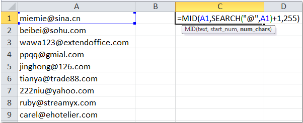 How to extract domains from multiple email addresses in Excel?