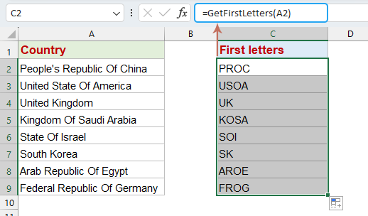 How to extract first letter of each word from cell?