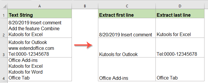 Excel의 여러 줄 셀에서 첫 번째 또는 마지막 줄을 추출하는 방법은 무엇입니까