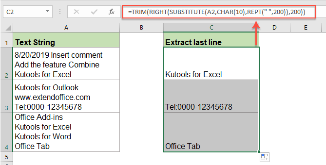 How to extract the first or last line from a multi-line cell in Excel?
