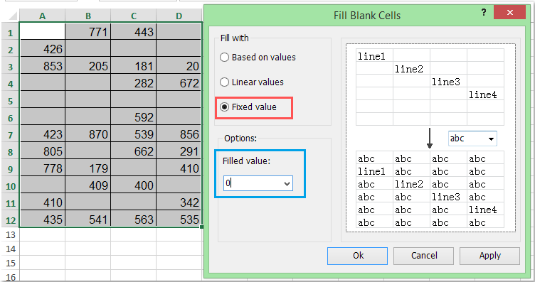 How to fill blank cells with 0 or other specific value in Excel?