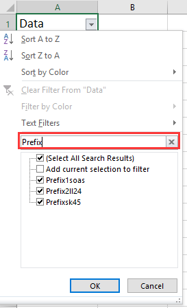 How to filter column data by a certain prefix in Excel?