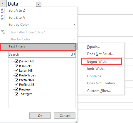 How to filter column data by a certain prefix in Excel?