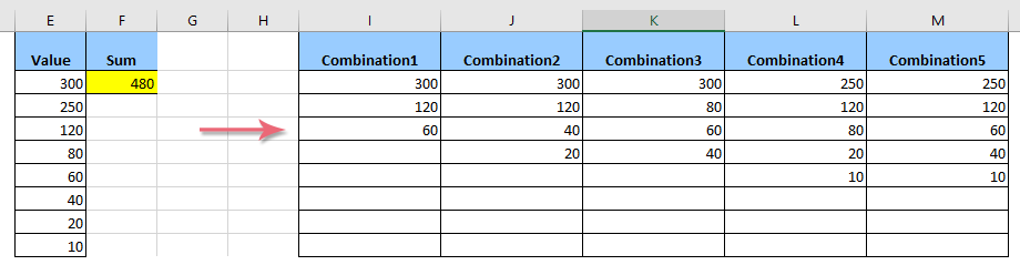 How to find all combinations that equal a given sum in Excel?