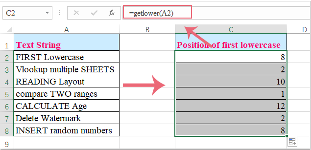How to find the position of the first lowercase letter from text strings?