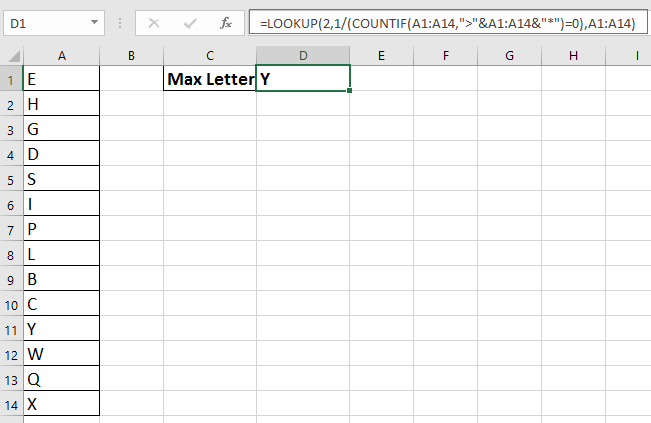 How to find the largest letter in a range in Excel?