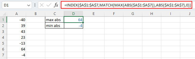How to find maximum or minimum absolute value and keep sign in Excel?