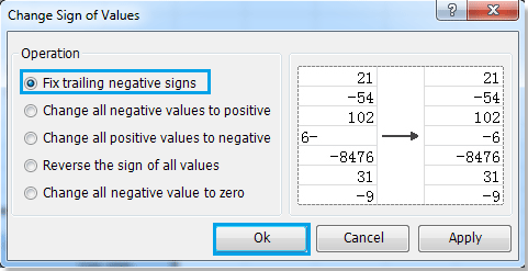 How to fix/convert trailing negative signs to real numbers in Excel?