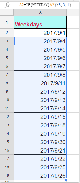 How to autofill weekdays exclude weekends in a list of Google sheet?