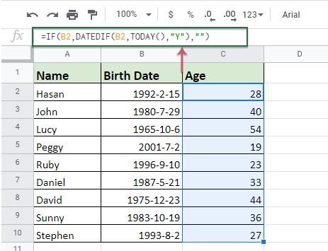How to calculate age from birth of date in Google sheet?
