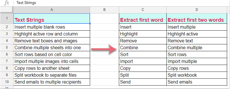 How to extract first or first two words from text strings in Google sheet?