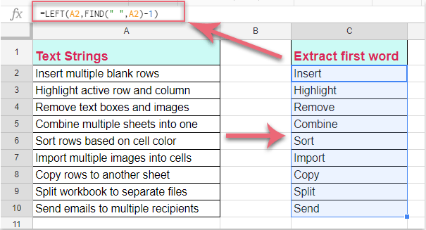 How To Extract First Or First Two Words From Text Strings In Google Sheet 