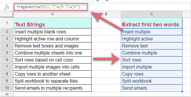 How To Extract First Or First Two Words From Text Strings In Google Sheet 