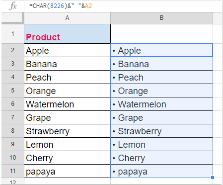 How to insert bullet points into cells of Google sheet?