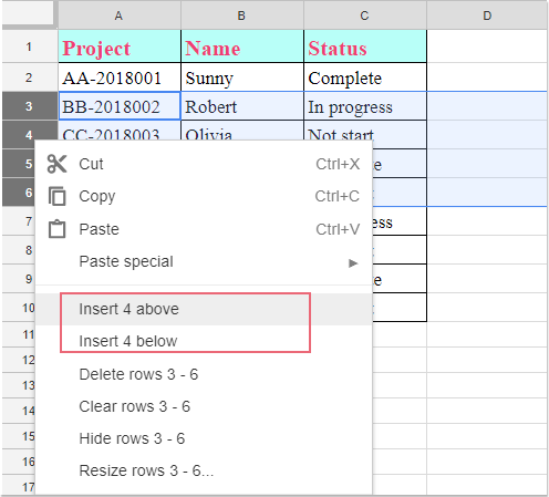 How to insert multiple rows or columns quickly in Google sheets?