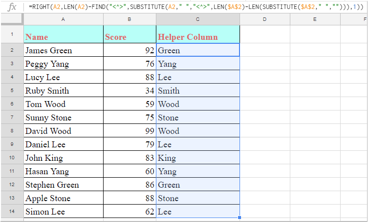 How to sort full names by last name in Google sheets?