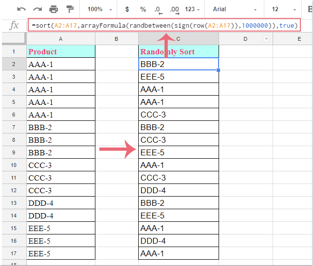 How to sort or shuffle data in a list randomly in Google sheets?