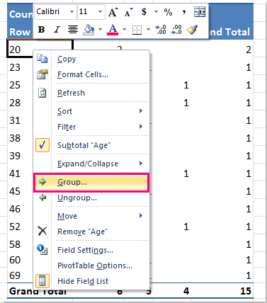 How to group by age in pivot table?